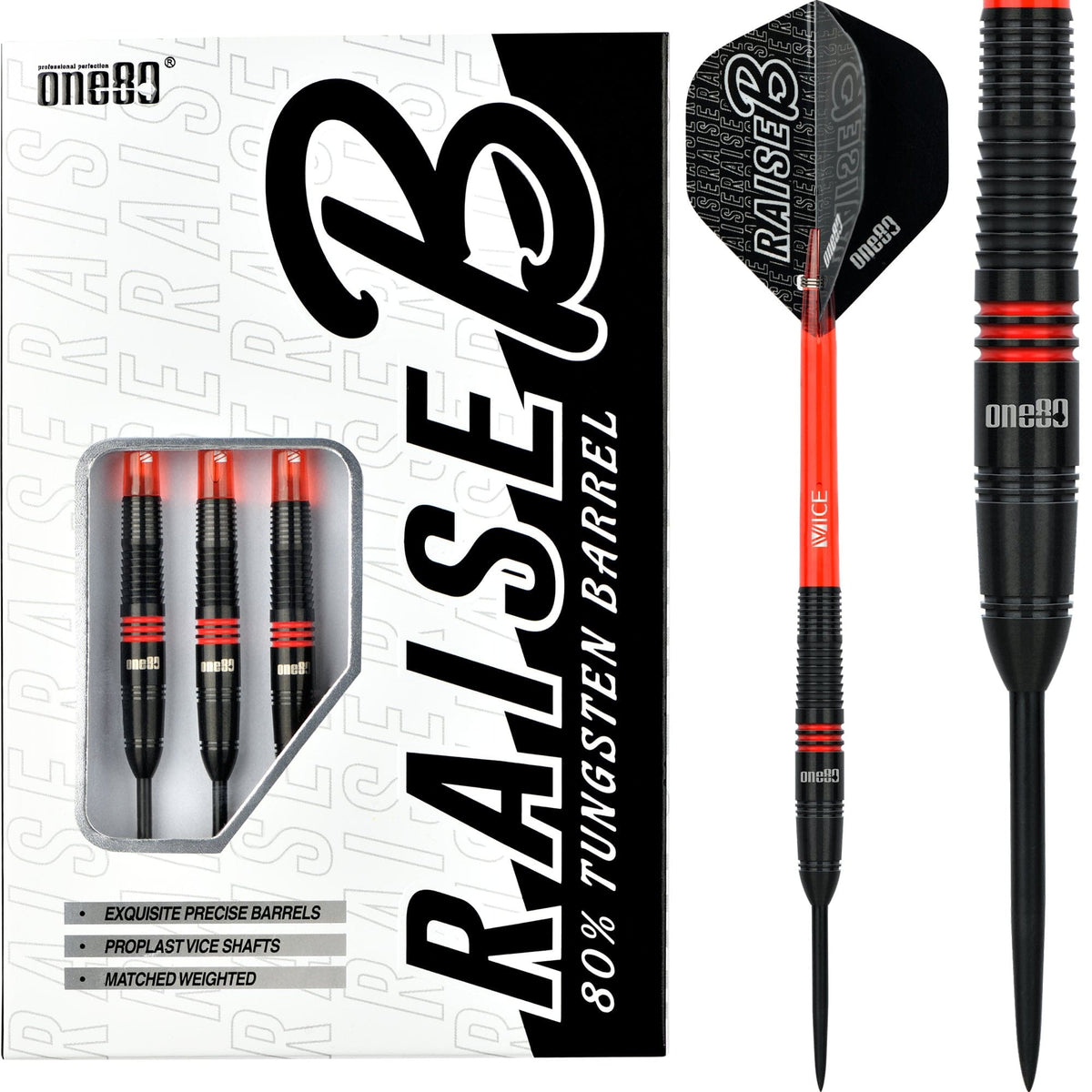 One80 Raise B Darts – Stahlspitze – Schwarz – Rote Ringe