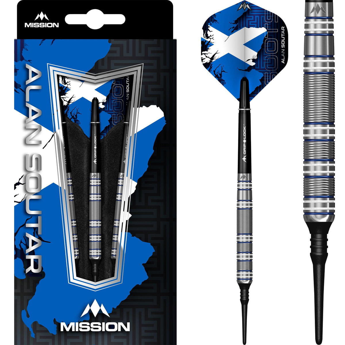 Mission Alan Soutar Darts – Weiche Spitze – Ruß – Blau & Weiß – 22 g